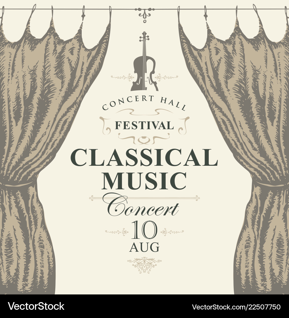 Classical music poster with violin and curtains Vector Image