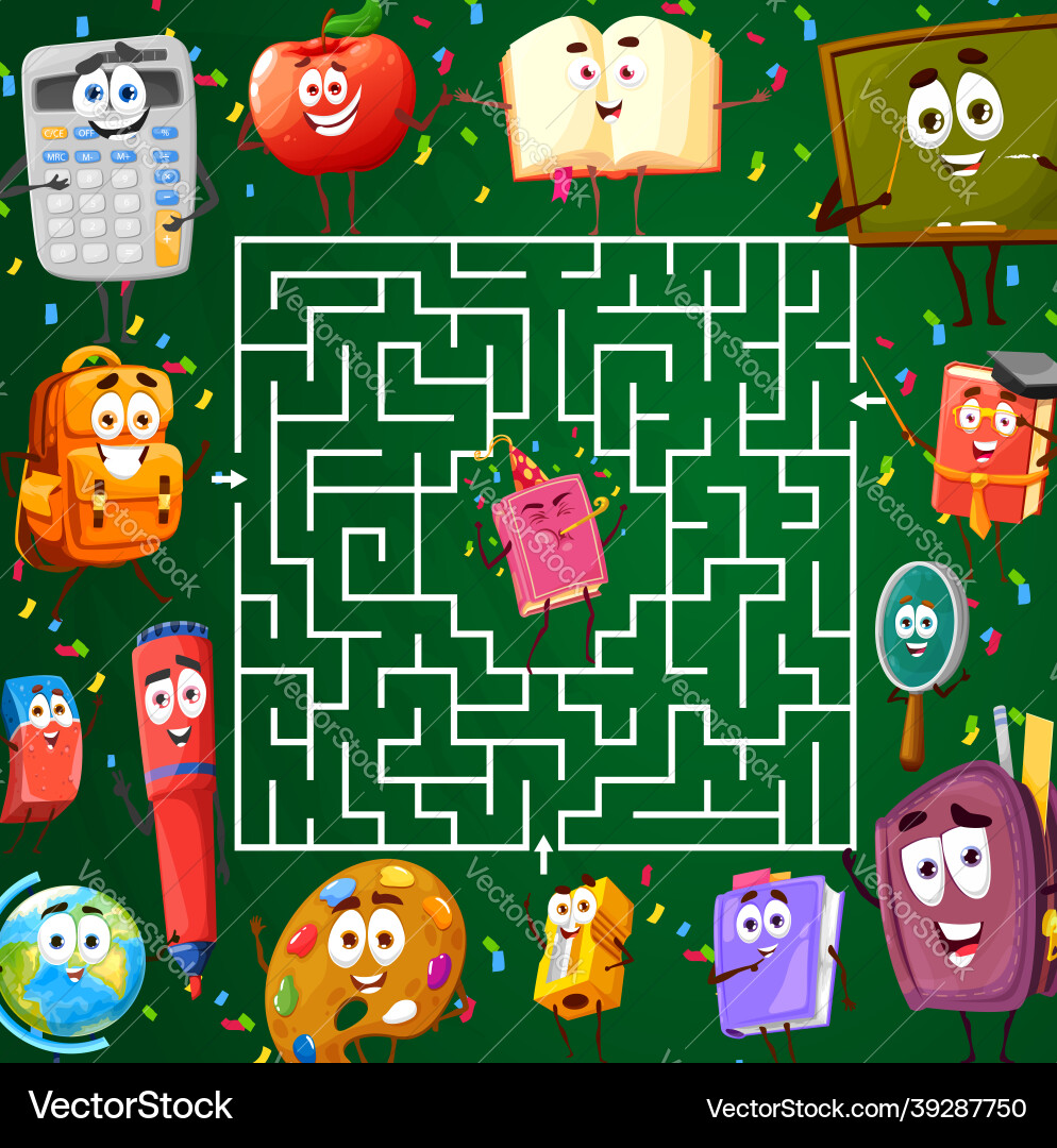 Labyrinth maze with school characters kids riddle Vector Image