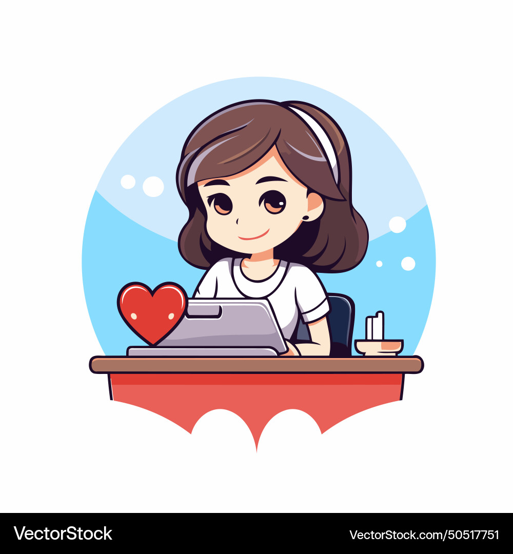 Cute little girl using typewriter in cartoon style
