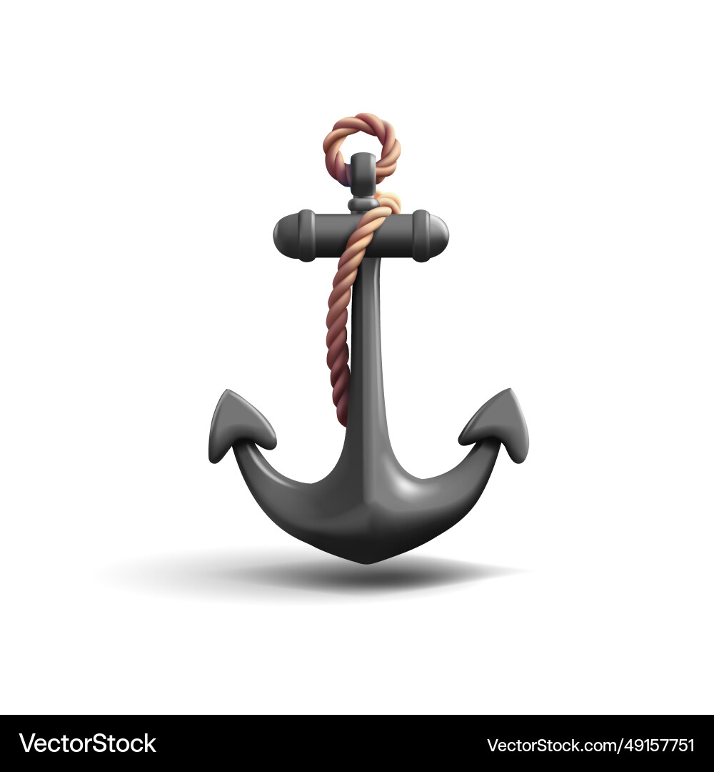 Realistic render black 3d anchor with beige rope Vector Image