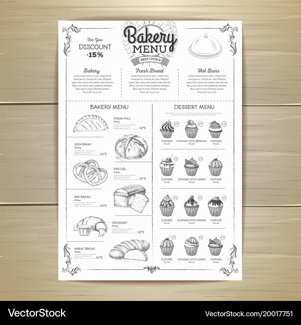 Vintage bakery menu design restaurant Royalty Free Vector