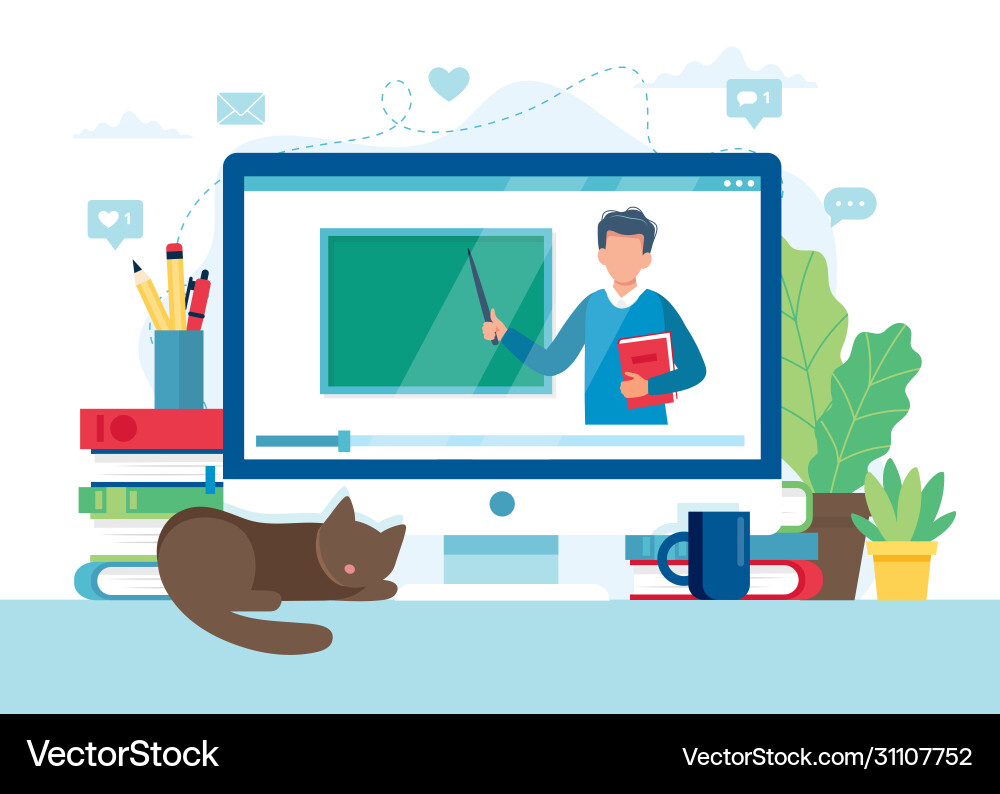Online learning concept screen with teacher Vector Image