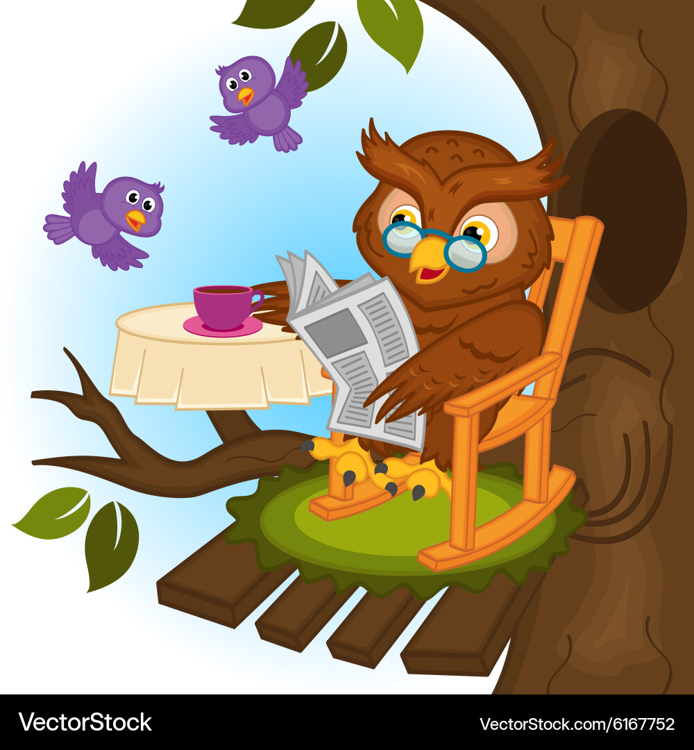 Owl drinking tea and reading newspaper Royalty Free Vector