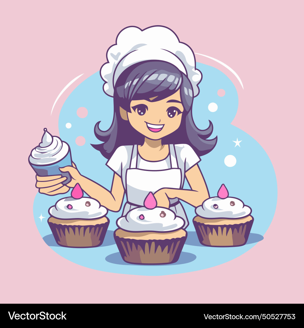 Girl chef with cupcakes in a flat style Royalty Free Vector