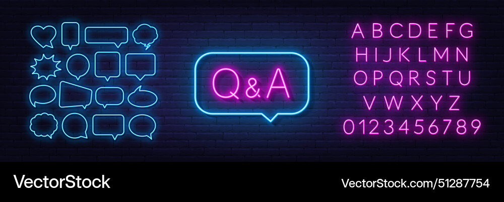 Q and a neon sign in speech bubble on brick wall Vector Image