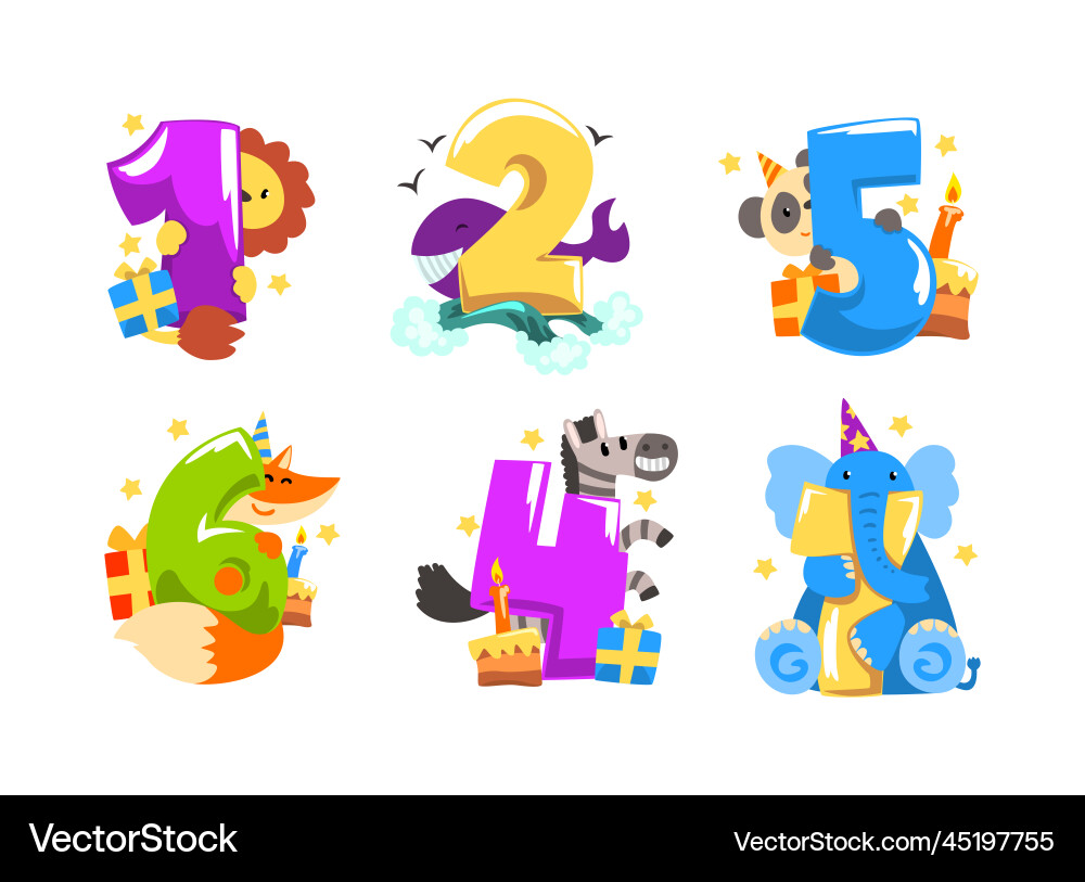 Birthday anniversary numbers with cute animals Vector Image