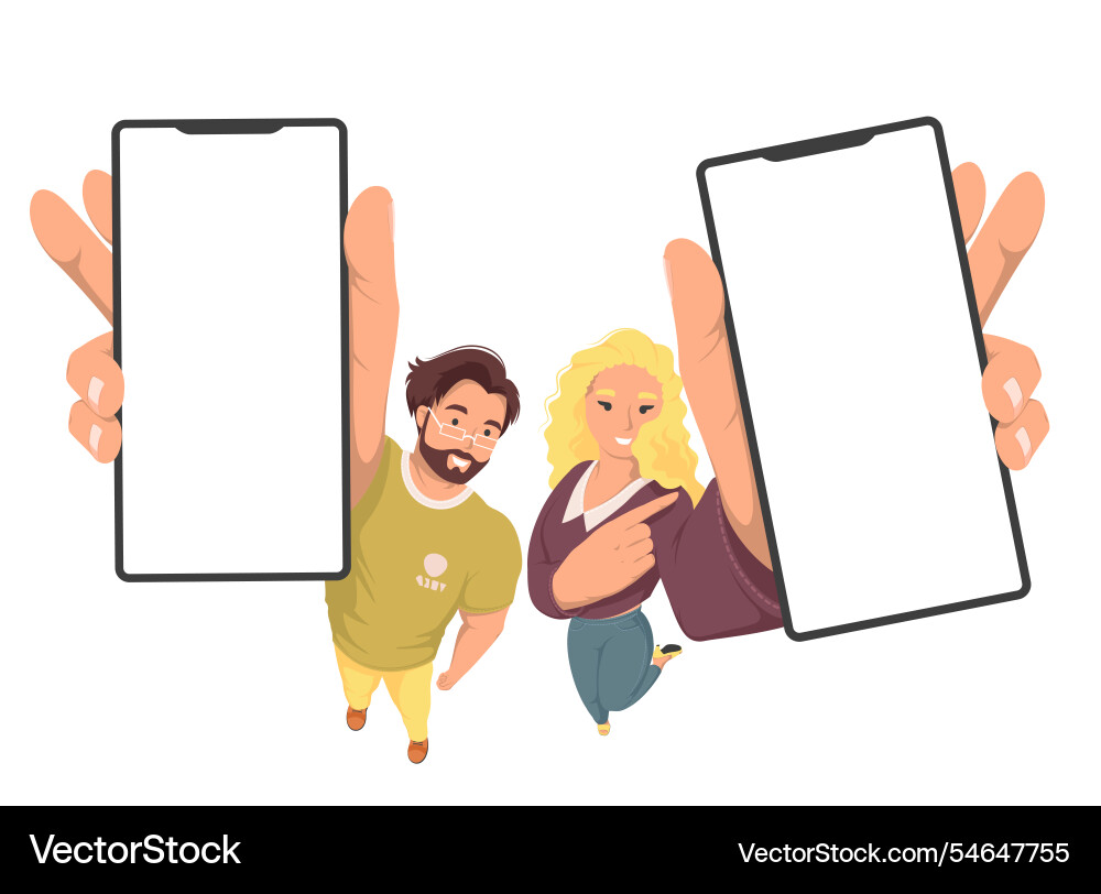 Couple looking and holding raised smartphone up Vector Image