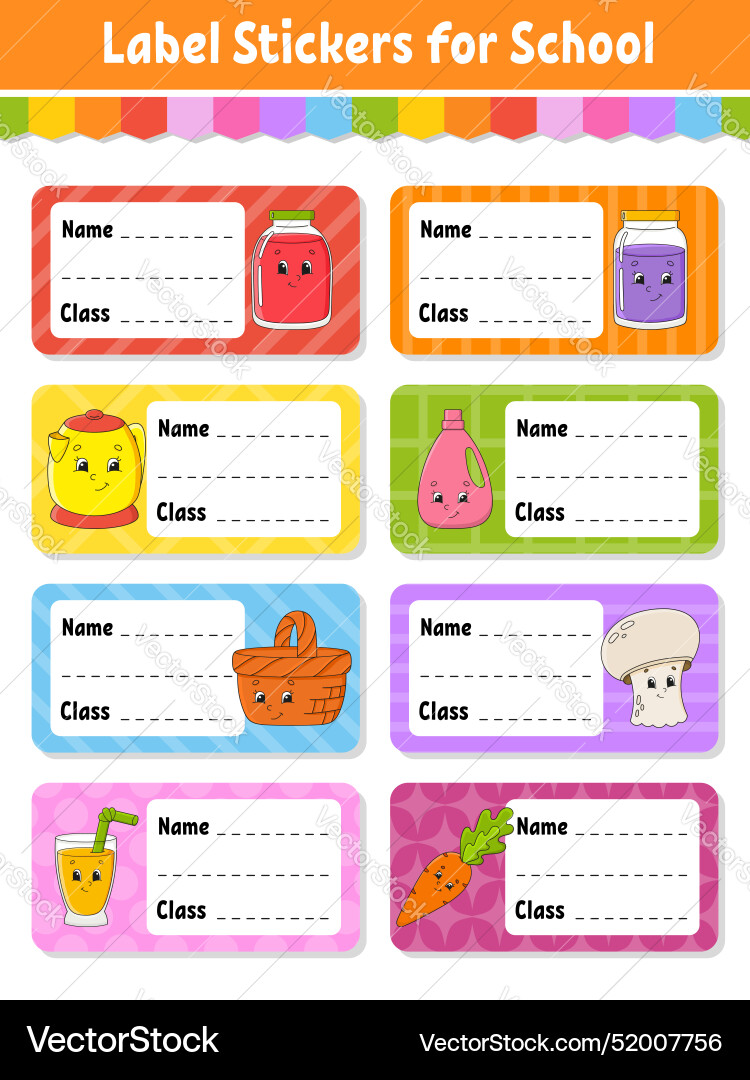 Name and class back to school labels set stickers Vector Image