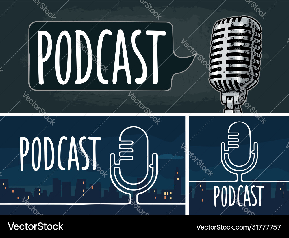 Podcast handwriting lettering microphone vintage Vector Image