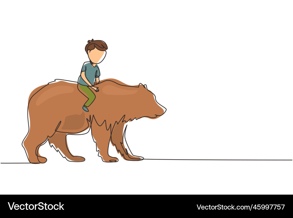 Single one line drawing happy little boy riding Vector Image