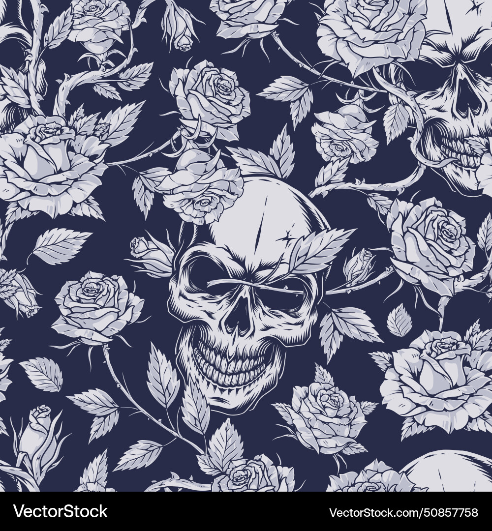 Floral skulls seamless pattern monochrome Vector Image