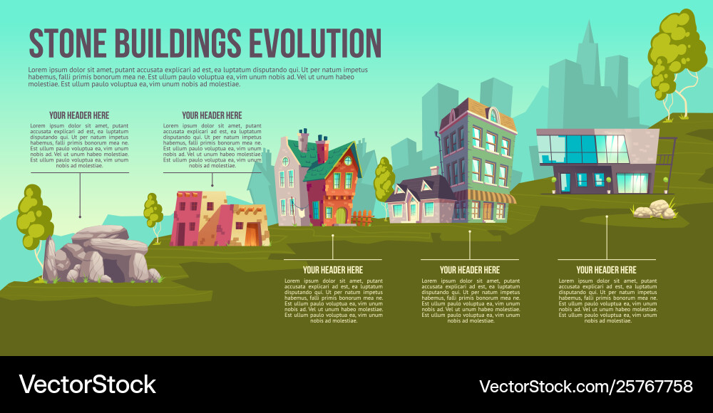 Stone buildings evolution cartoon poster Vector Image