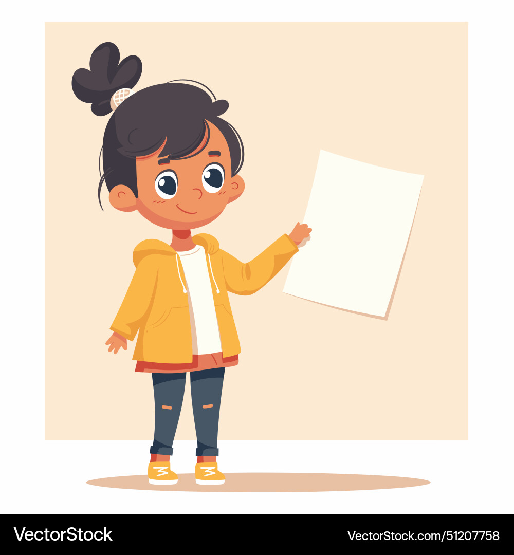Young girl presenting blank paper sheet smiling Vector Image