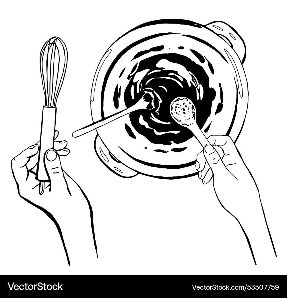 Chef hands mixing ingredients for batter outline Vector Image