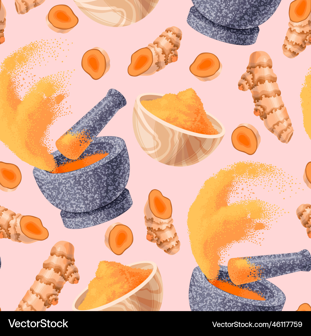 Seamless pattern of whole and sliced turmeric Vector Image