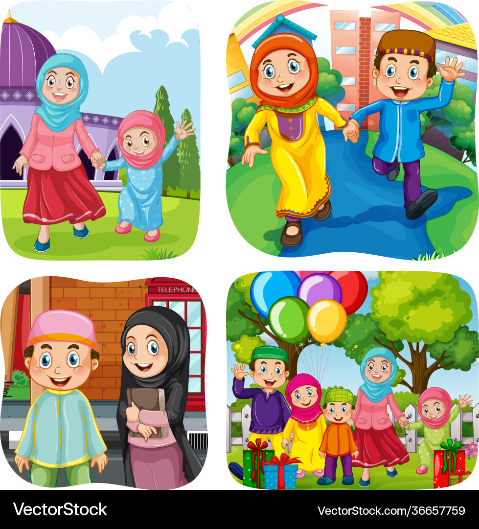 Set muslim people cartoon character Royalty Free Vector