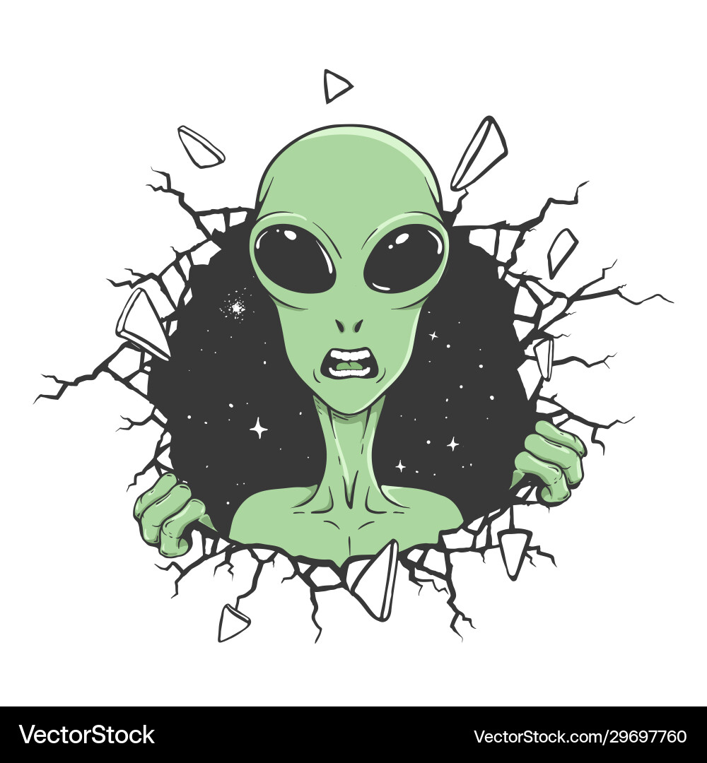 Angry alien breaks out through wall Royalty Free Vector