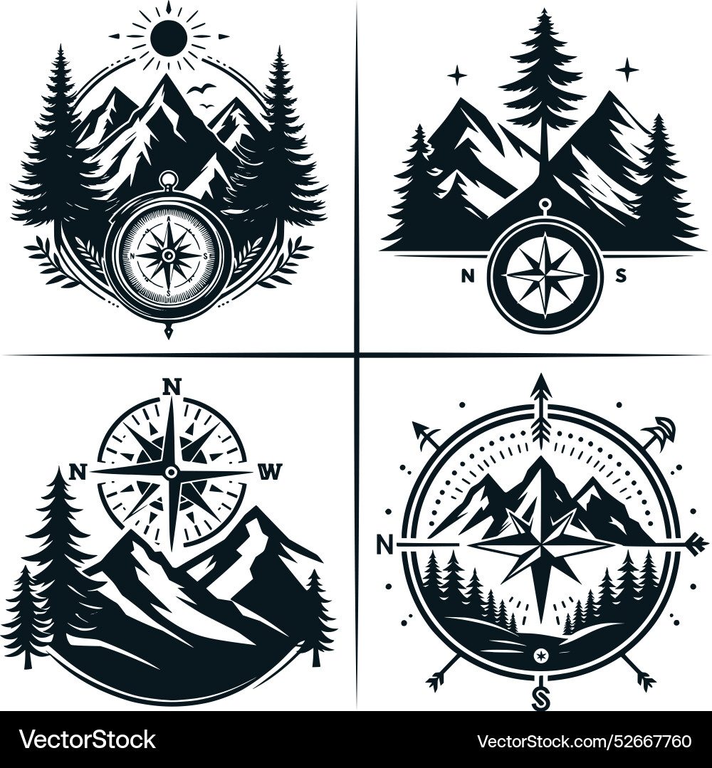 Compass with mountain scene silhouette file Vector Image