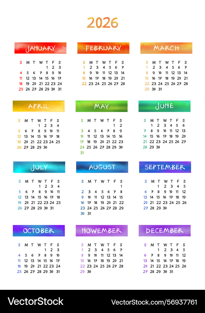 2026 vertical rainbow calendar Royalty Free Vector Image