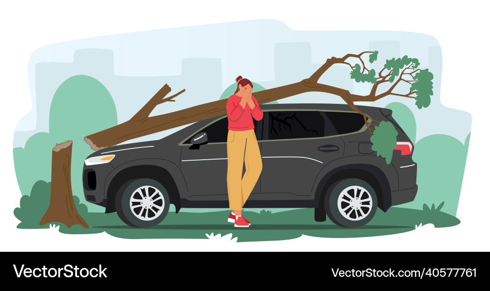 Female driver character crying near broken car Vector Image