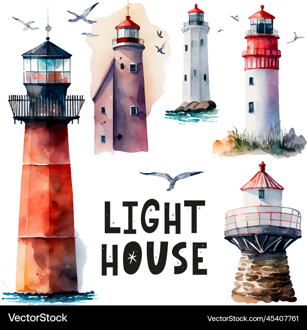 Watercolor set lighthouse isolated Royalty Free Vector Image