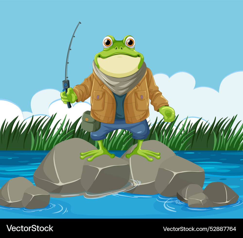 A frog fishing on rocks by river Royalty Free Vector Image