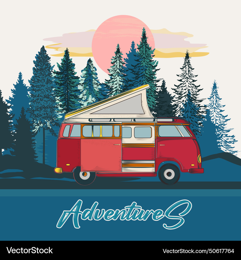 Adventures poster with red van Royalty Free Vector Image