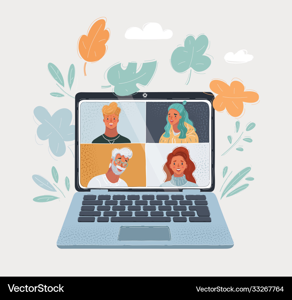 Laptop computer with group Royalty Free Vector Image