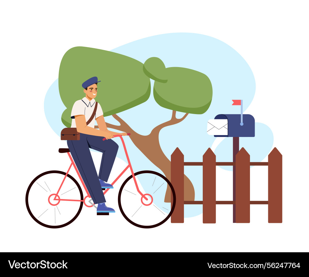 Postman riding bicycle near mailbox Royalty Free Vector