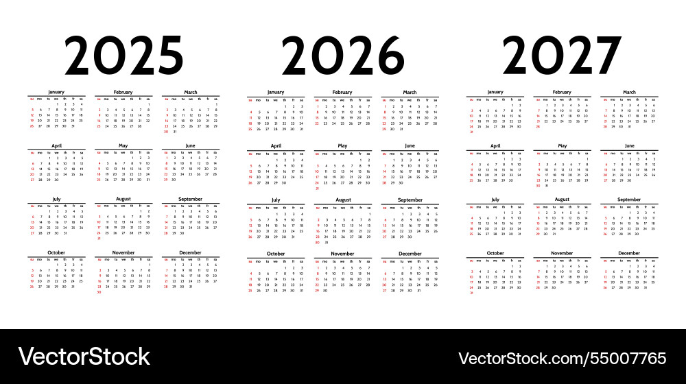 Set of calendars for 2025 2026 and 2027 Royalty Free Vector