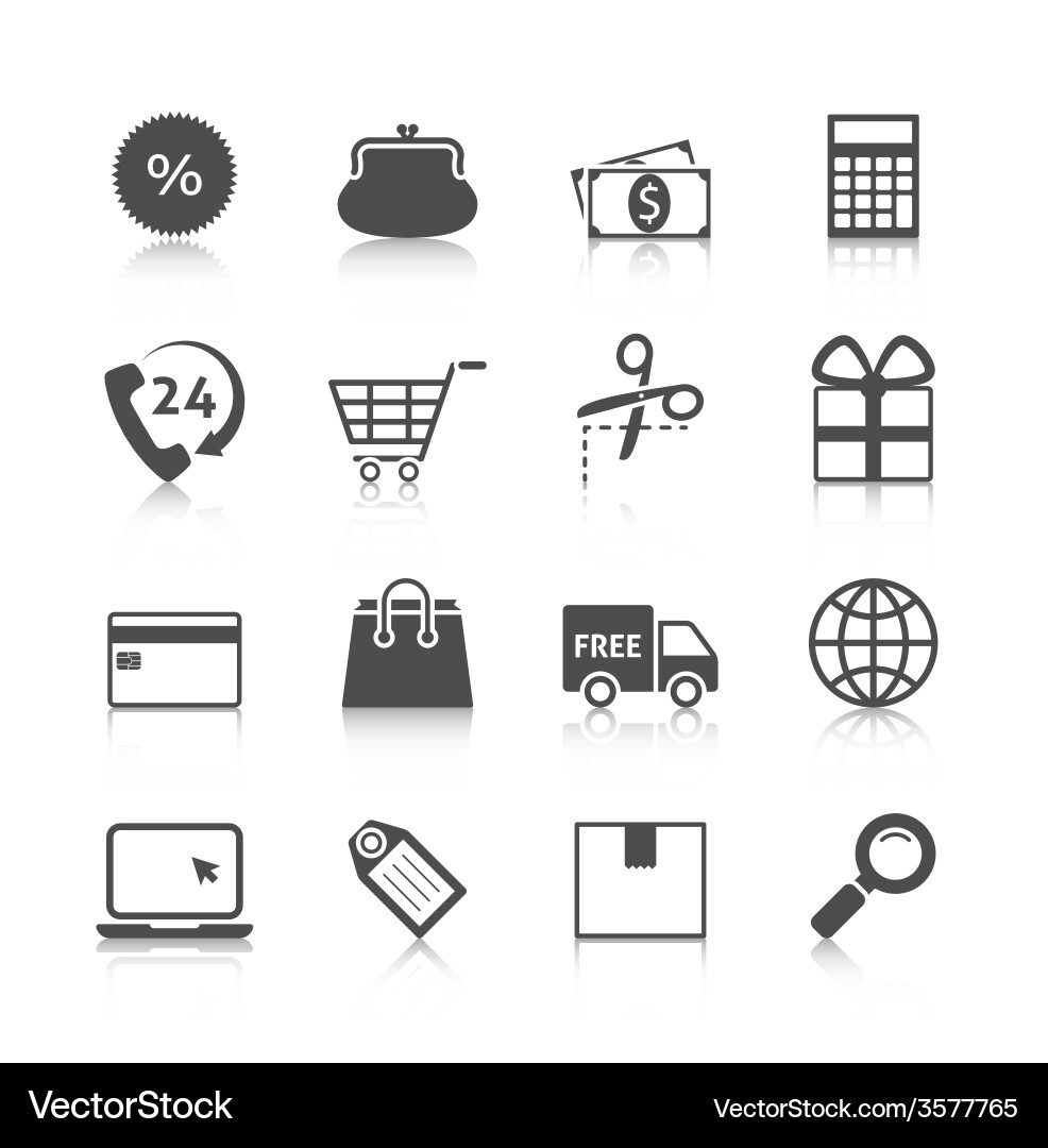 Shopping icons gray with reflection Royalty Free Vector