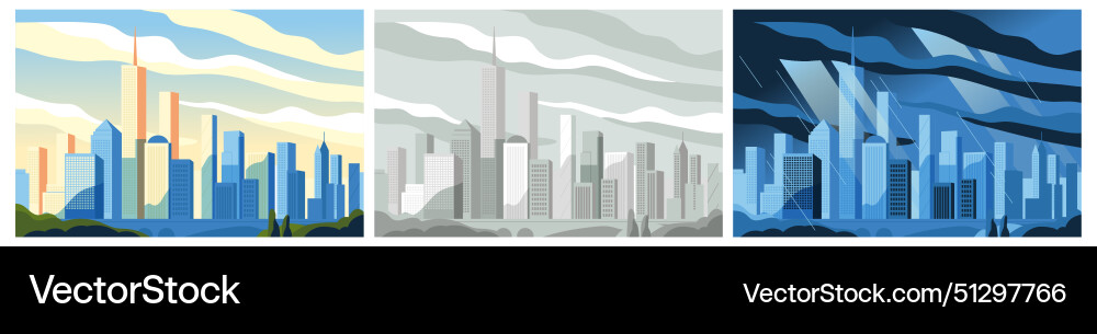 Three stylized cityscape scenes at different times