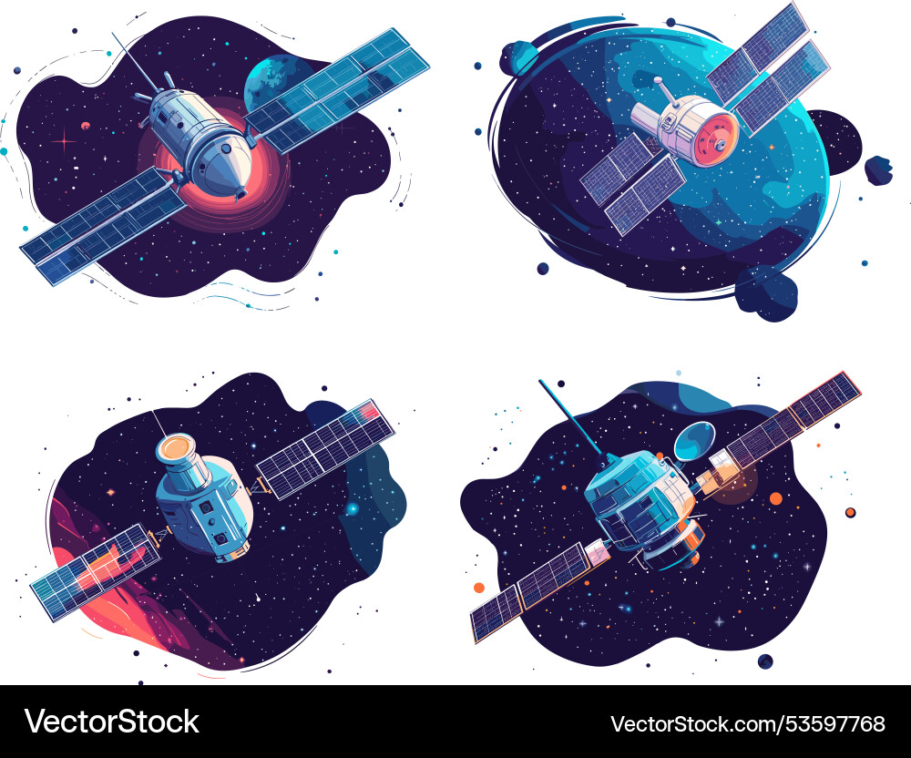 Cartoon satellite in outer space flying cosmic Vector Image