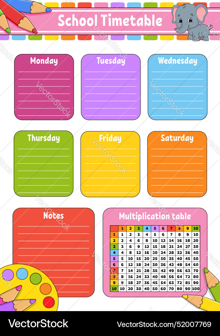 School timetable with multiplication table Vector Image