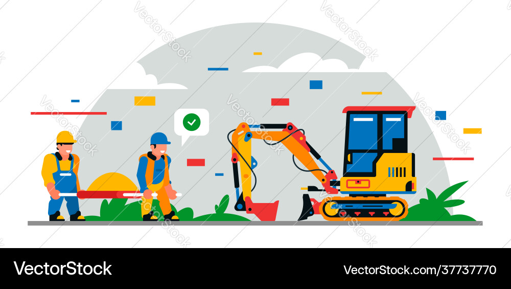 Construction equipment and workers at site Vector Image