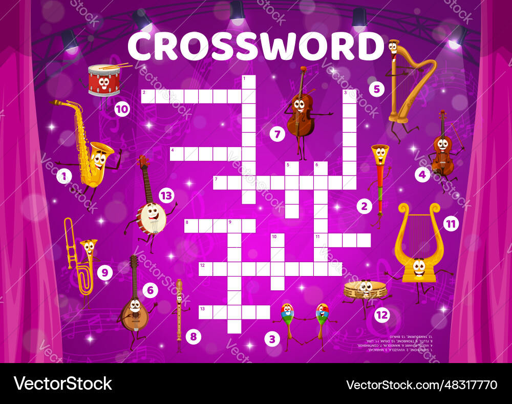 Crossword quiz game grid with musical instruments Vector Image
