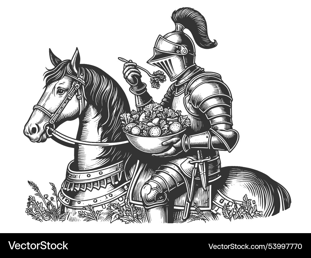 Medieval knight eating salad on horseback Vector Image