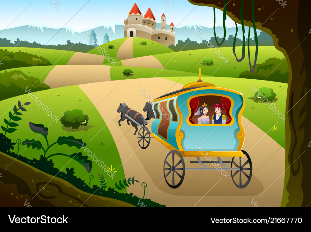 Prince and princess riding a wagon Royalty Free Vector Image