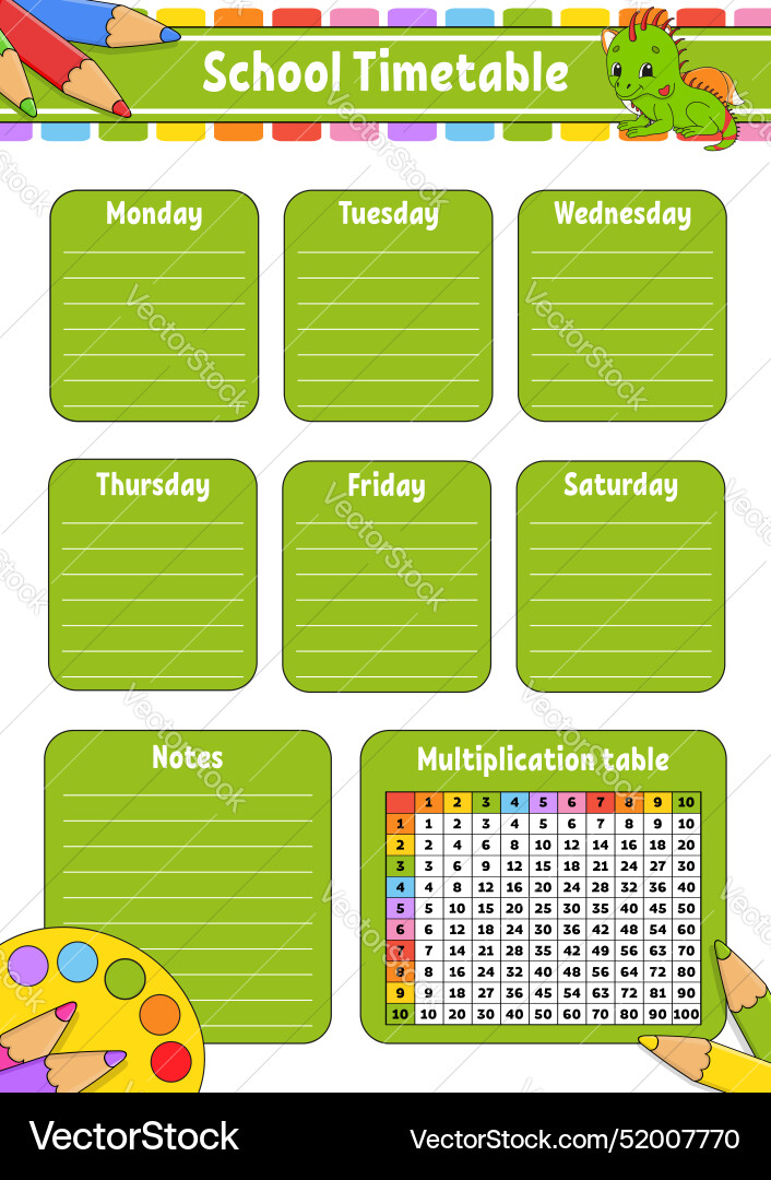 School timetable with multiplication table Vector Image