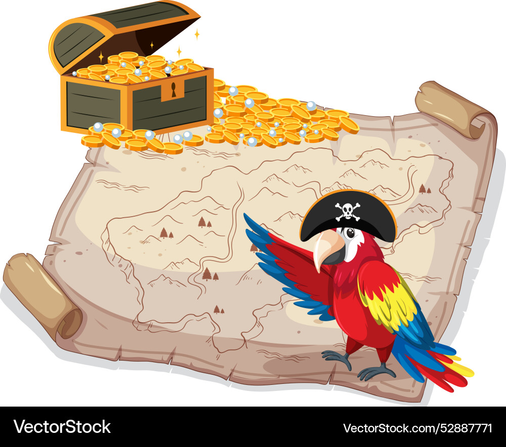 Colorful parrot with treasure chest and map Vector Image