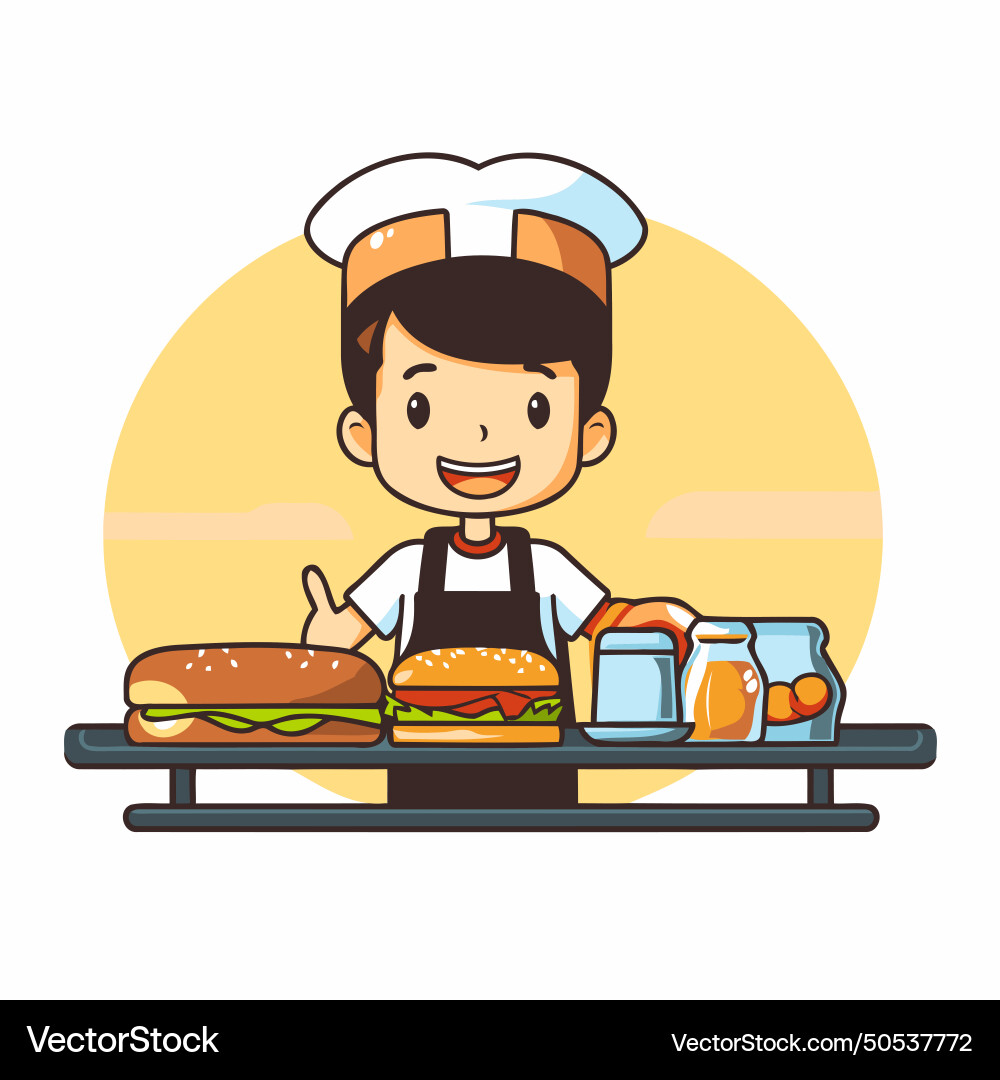 Cute boy chef with hamburger and vegetables Vector Image