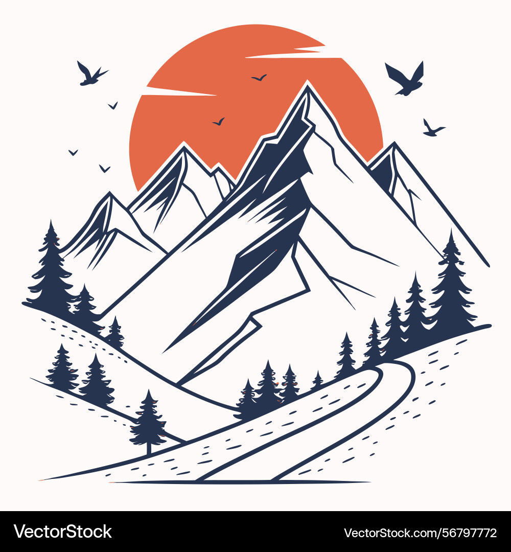 Majestic mountain landscape sunset birds trees Vector Image