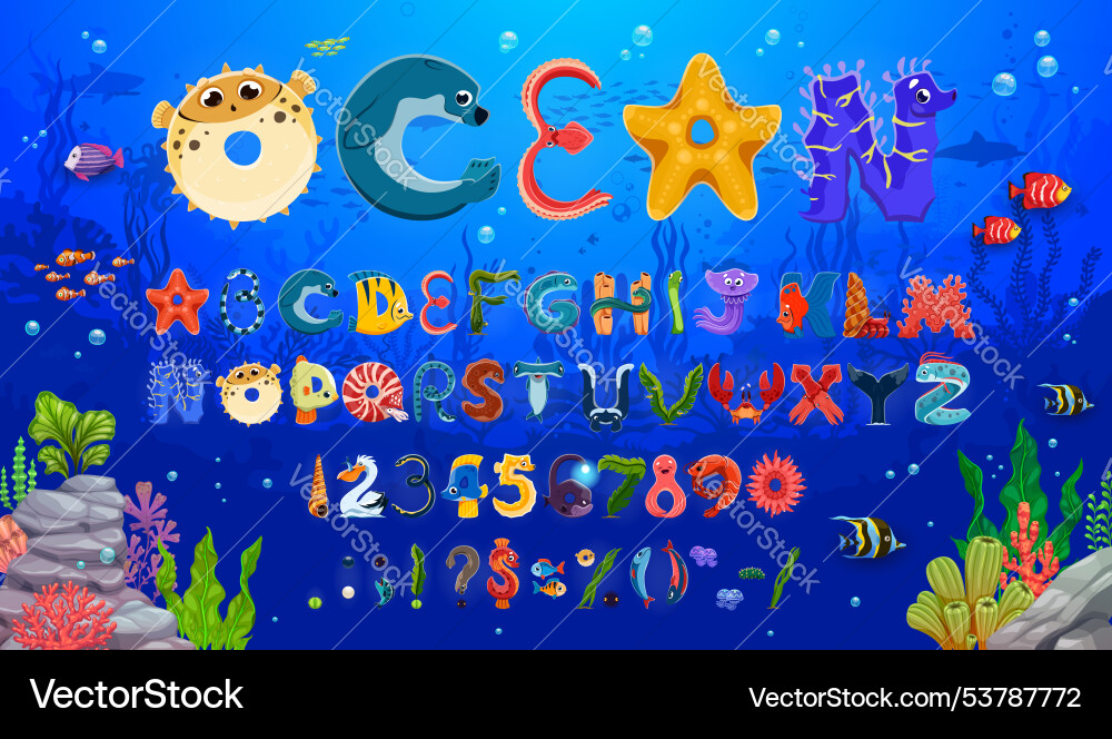 Sea animal font underwater ocean alphabet type Vector Image