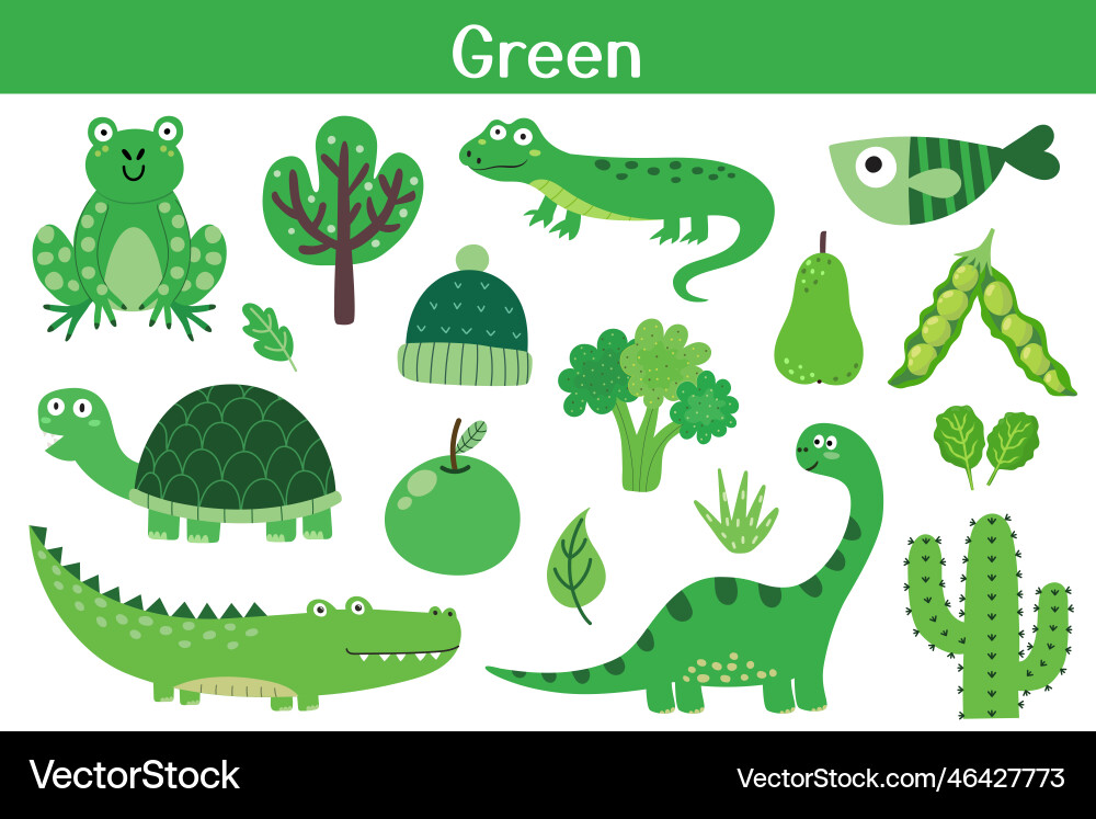Green color objects set learning colors for kids Vector Image Green color objects set learning colors for kids Vector Image