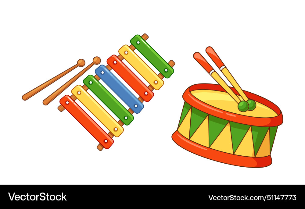 Kids toys colorful drum with sticks producing Vector Image