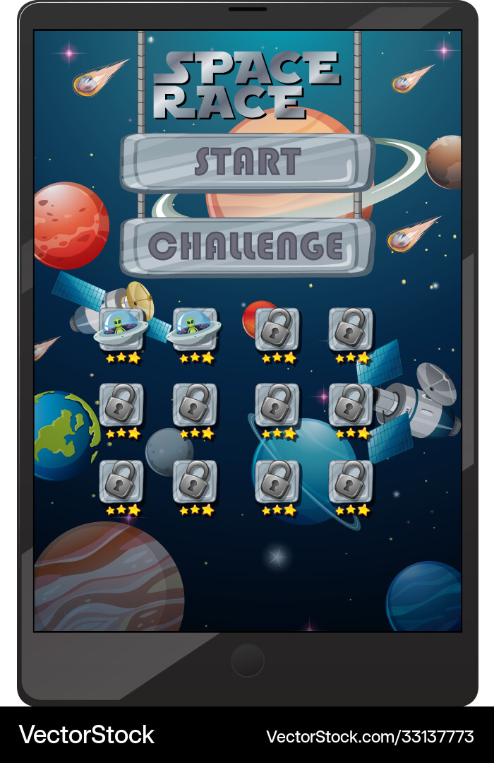 Space race mission game on tablet screen Vector Image