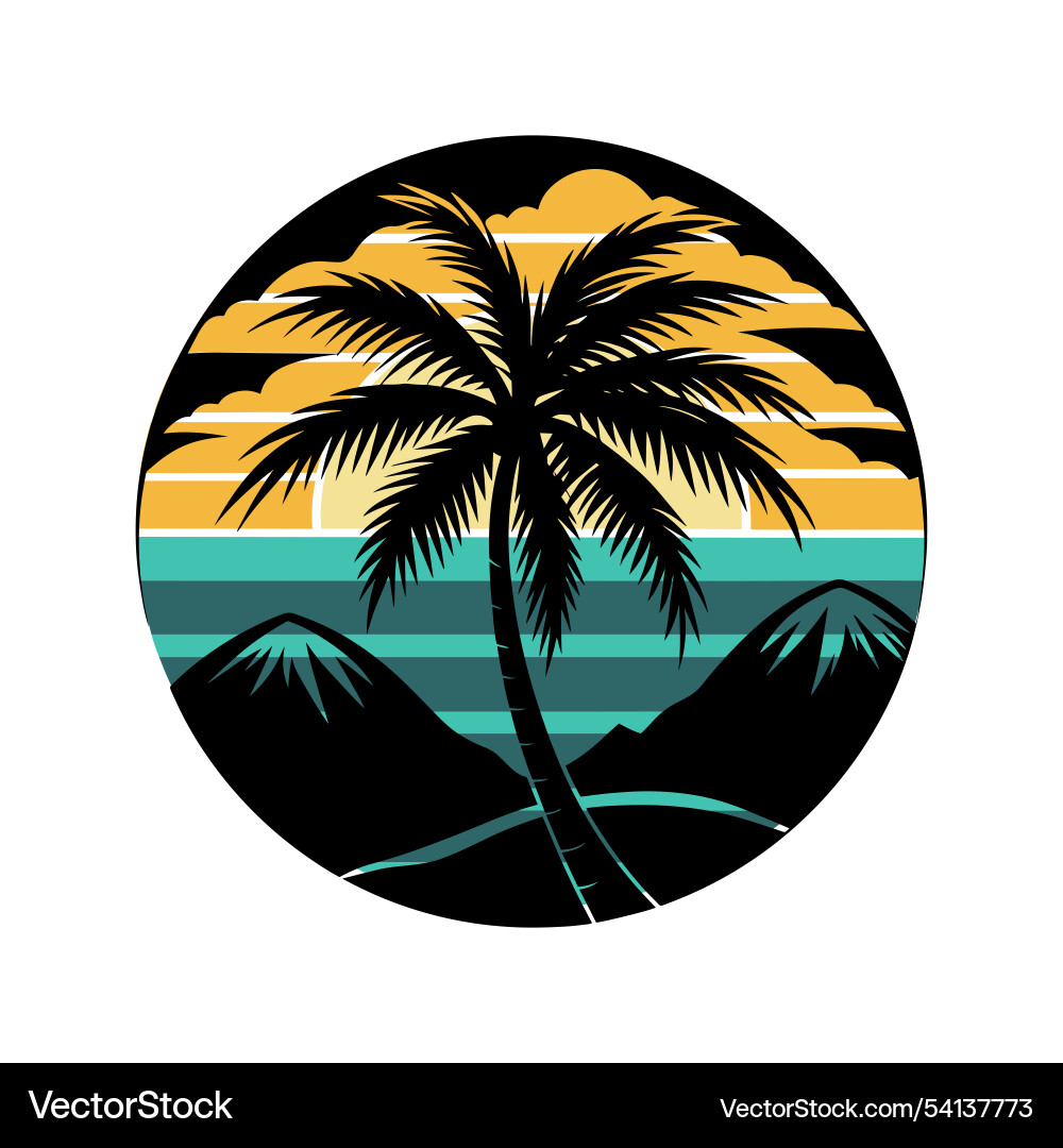 Vintage mountain landscape with coconut tree silho