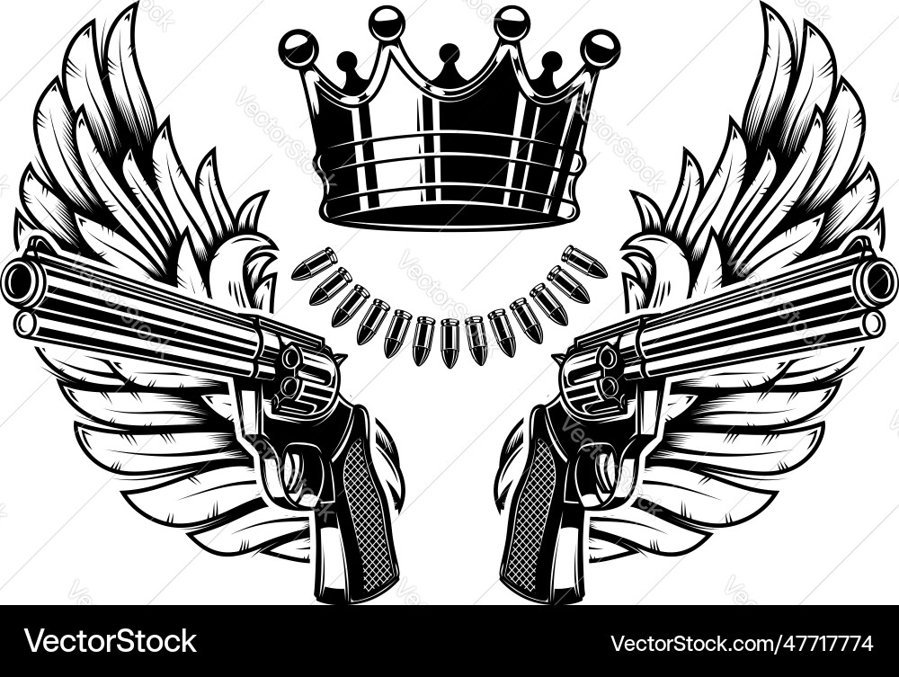 Two guns and wings with king crown design element Vector Image