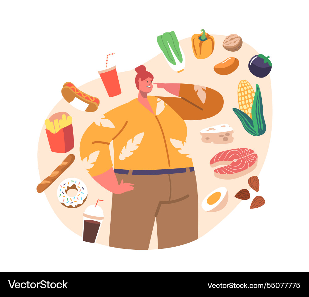 Fat female character choose between healthy Vector Image