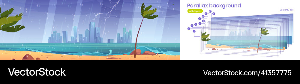 Parallax background with sea beach in rain Vector Image